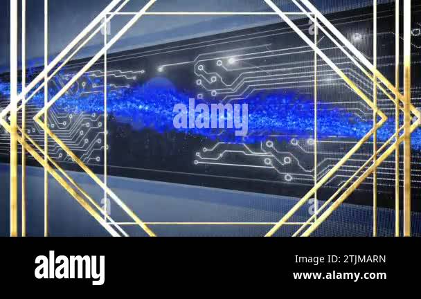 Animation of gold frame, glitter and integrated circuit on black ...