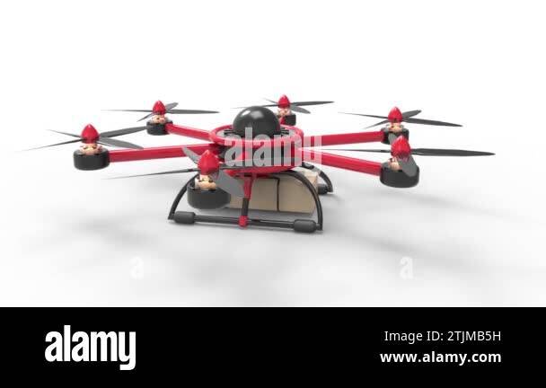 Red drone delivers the goods. Red hexacopter designed to carry. The ...