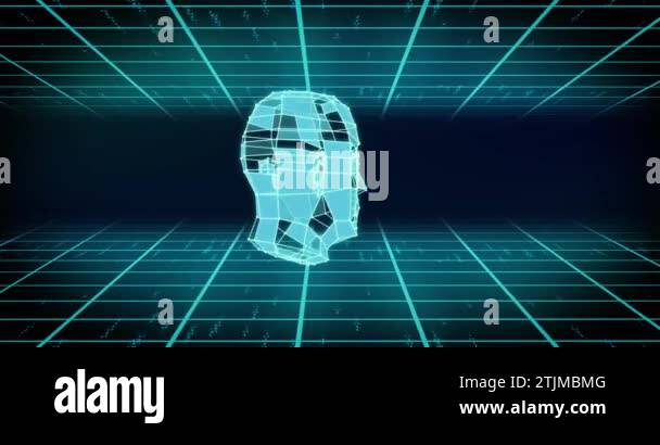 Animation of blue 3d cuboid head model rotating over grid and light ...