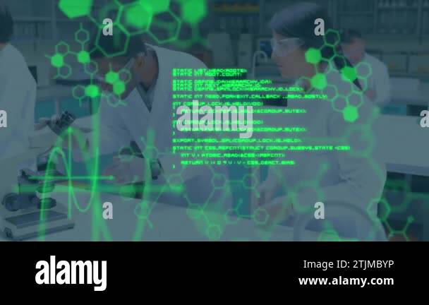 Animation of computer language, hexagons, diverse scientists examining sample using microscope ...