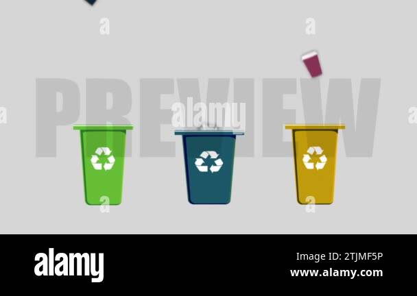 Three color recycle concept animation, trash garbage falling in green ...