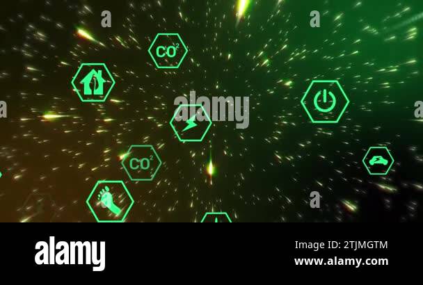 Animation of green hexagonal power icons over shooting stars on dark ...