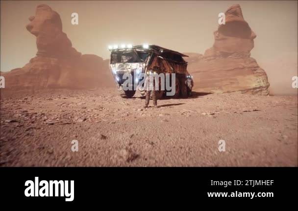 Martian, astronauts on mars planet. Rover transport. Realistic 4k ...