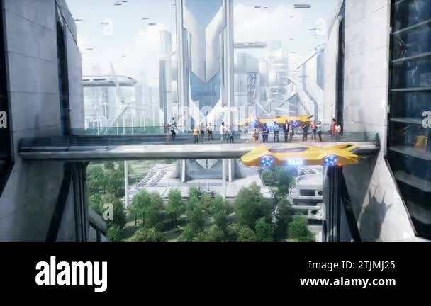 Futuristic city. 3d people and robots. Future concept. Realistic 4k ...