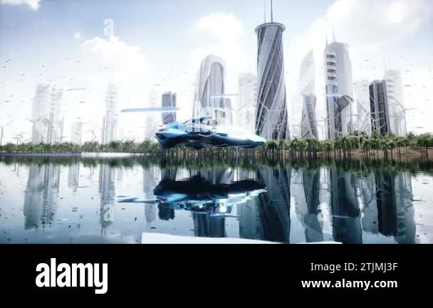 fying car in futuristic city with people.. Future concept. Realistic 4k ...