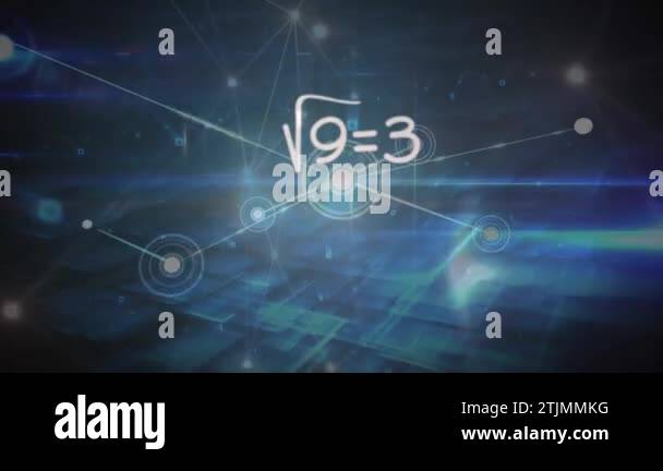 Animation of mathematical equations over lens flares and connected dots on abstract background ...