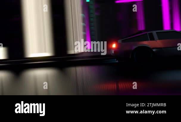 Animation of car driving in neon lit city at night background. Video ...