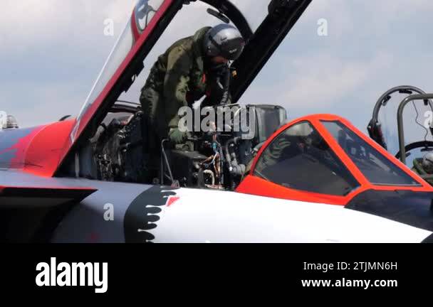 Ghedi Italy SEPTEMBER, 8, 2022 Military pilot exits from the fighter ...