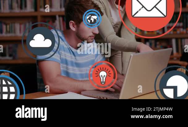 Animation of icon in circles over caucasian coworkers discussing ...