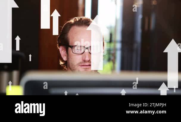 Animation of moving up arrows over caucasian man working in laptop at ...