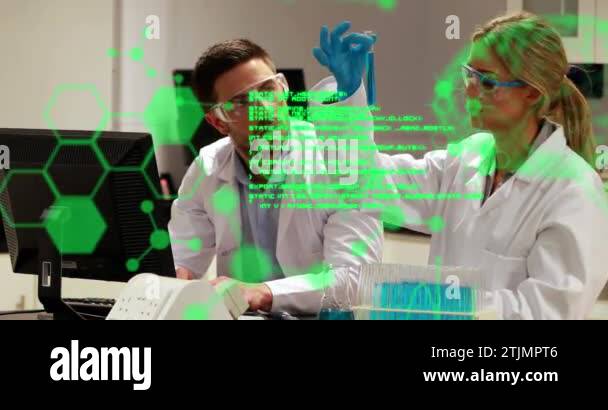 Animation of computer language, brains, molecule structures, diverse scientist examining liquid ...
