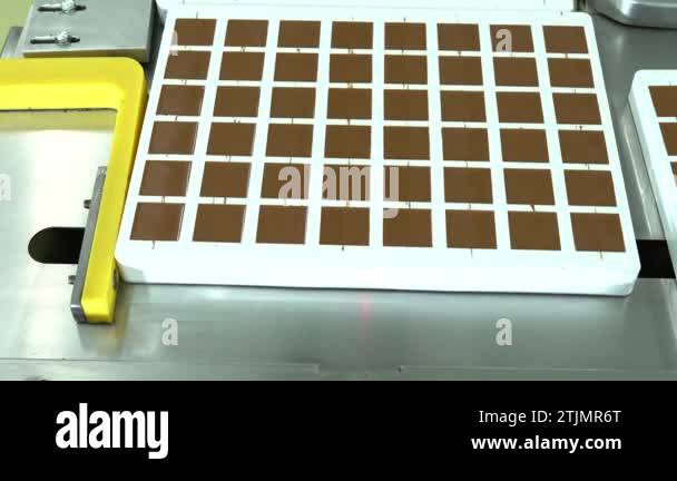 Automated Production line of chocolate pralines in a factory. Different ...