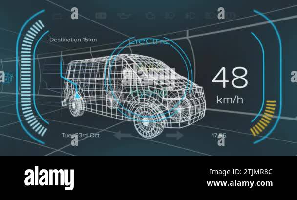 Animation of speedometer with texts, changing numbers over 3d model of van against black ...
