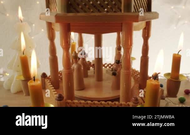 Christmas wooden pyramid with nativity scene turn, carving Christmas ...