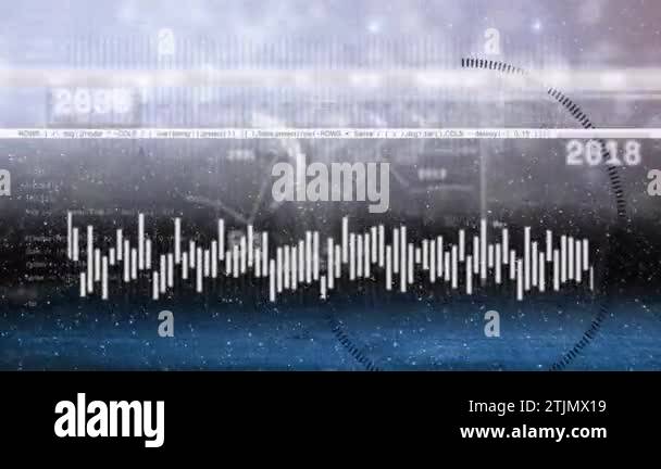 Animation of graphs over loading circles with changing numbers and globe against snowfall ...