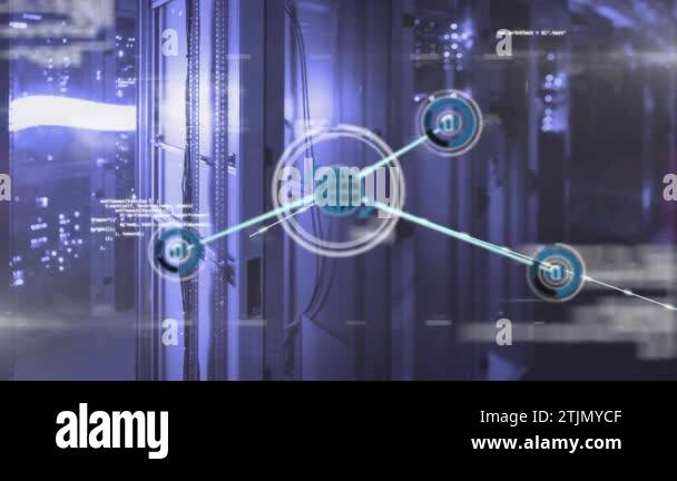 Animation of connected icons and lens flares with programming language over server rack. Digital ...