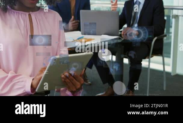 Animation Of Globes Graphs Computer Language Diverse Coworkers Working And Using Technology