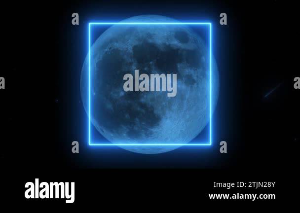 Full moon on a starry background. with bright neon square frame with ...