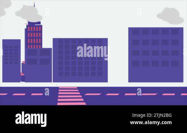 2d animation of a New york city with buildings and statue of liberty ...