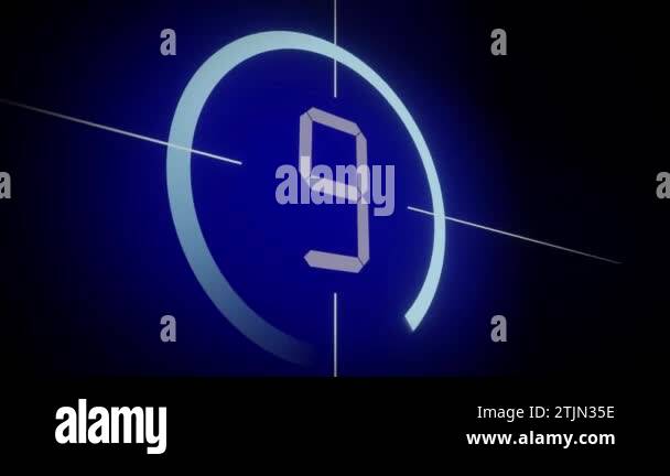 Blinking and rotating LCD countdown numbers from 10 to 1 on blue ...