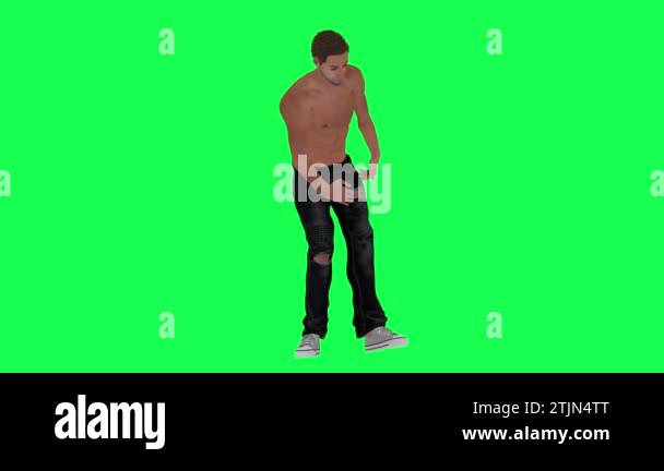 Half Naked Slim Man Addicted To Green Screen Drunk And Hungover From Front Angle Wearing Ripped