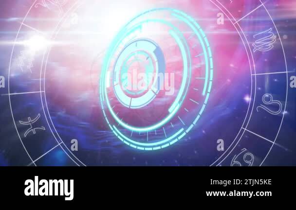 Animation of processing circle over zodiac and aries over cosmic ...