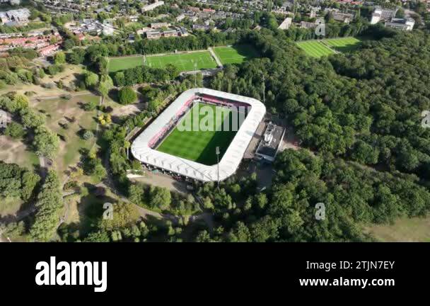 Soccer football stadium top down overhead Aerial in forrest park. Green ...