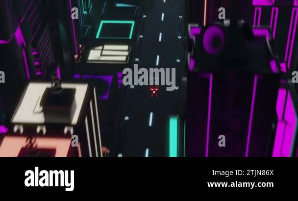 Animation of car driving in neon lit city at night background. Video ...