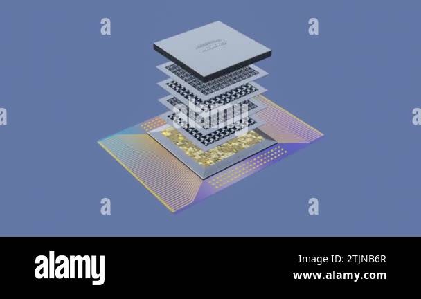 Quantum processor with quantum qubits circuit boards in layers, wiring, cover, 3D rendering, an ...