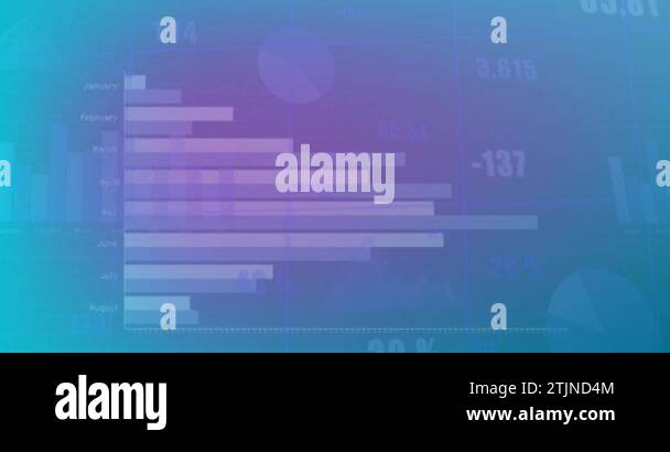 Animation of month names with graphs and changing numbers against blue ...