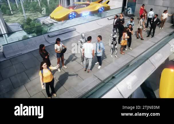 Futuristic city. 3d people and robots. Future concept. Realistic 4k ...
