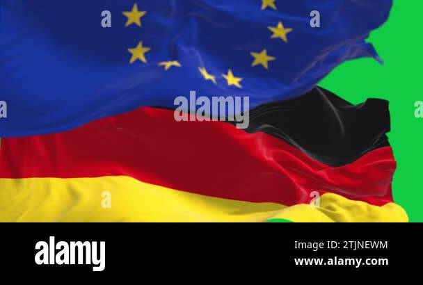Germany and European Union flags waving in the wind on green screen ...