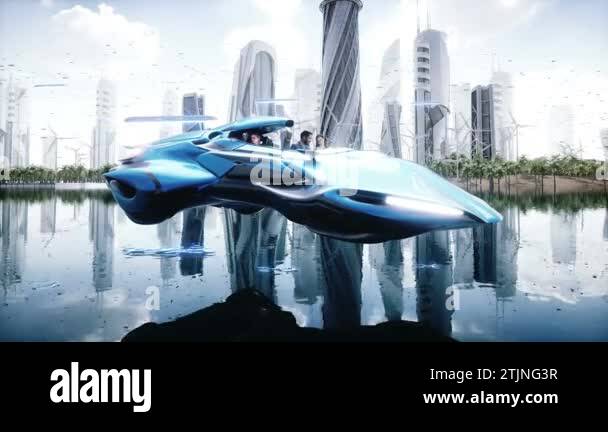 fying car in futuristic city with people.. Future concept. Realistic 4k ...