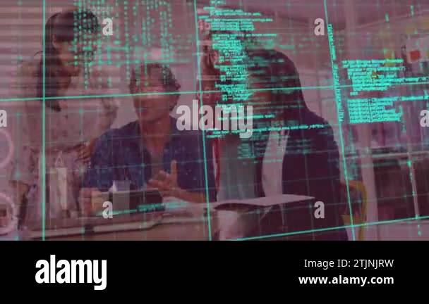 Animation of computer language over infographic interface against diverse coworkers sharing ...