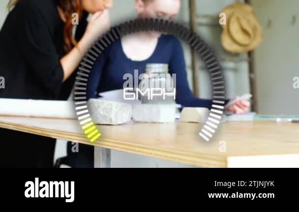 Animation of speedometer with changing number over caucasian female ...