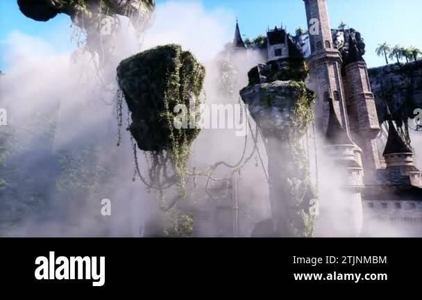 fantasy fairytale flying rocks with castle. Realistic 4k animation ...