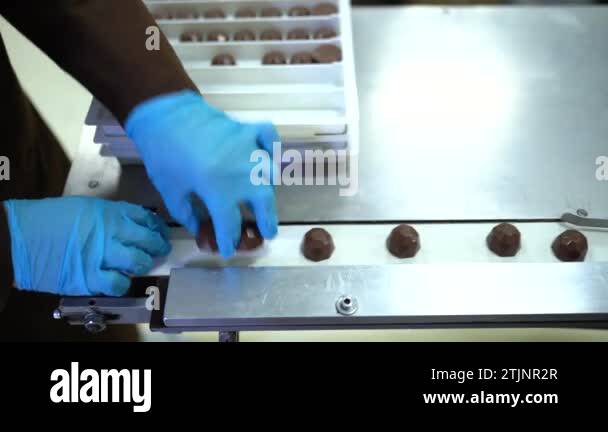 Rows of toppings for chocolates manufactured by machine, on a conveyor ...