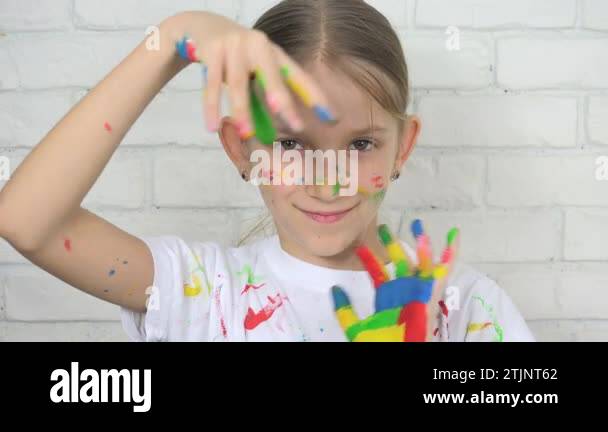 Kid Playing Painted Hands, Child Looking in Camera, Smiling School ...