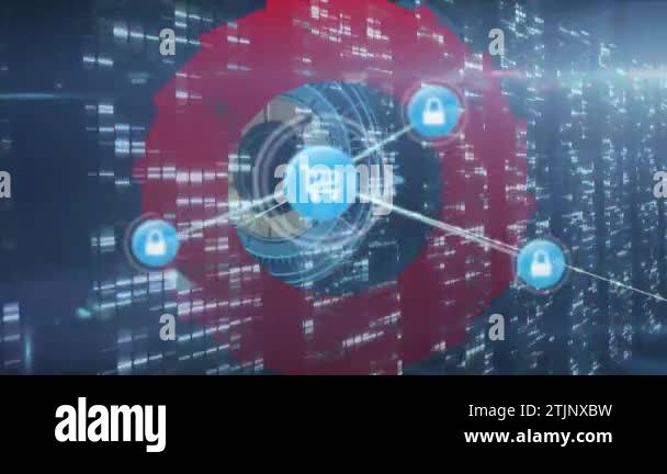 Animation of circles, connected icons, abstract pattern and lens flare ...