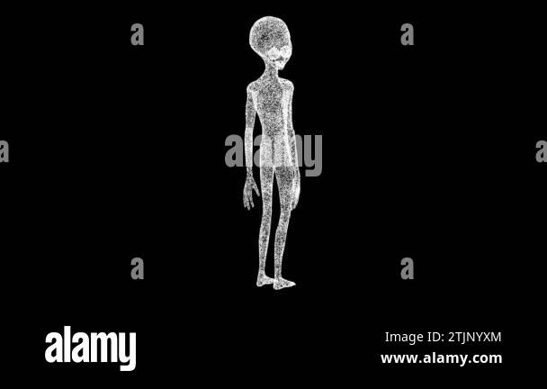 3D Green Man rotates on black bg. Alien Extra Terrestrial life-form ...