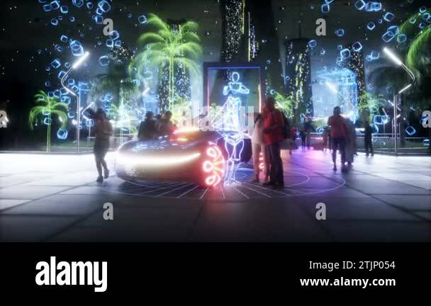 Futuristic night city with 3d peoples and robots. Future concept ...