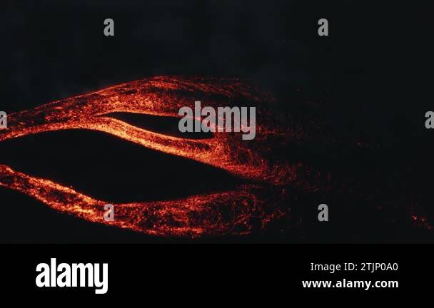 Volcanic eruption on the peninsula. Flowing lava and craters. An ...