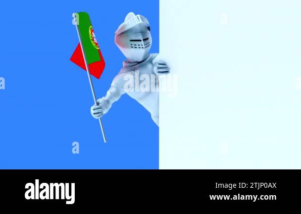 Funny cartoon character knight with flag of portugal - 3d animation ...