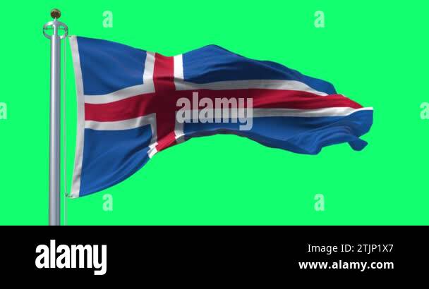 Iceland national flag waving in the wind on green screen. Blue flag ...