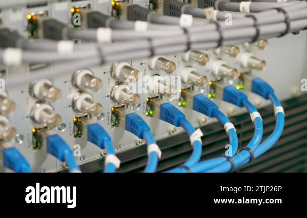 a bunch of patch network cables sorted in a rack cabinet leading from a ...