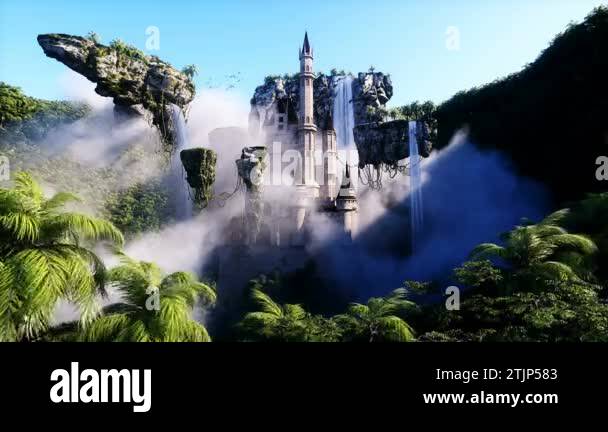 fantasy fairytale flying rocks with castle. Realistic 4k animation ...