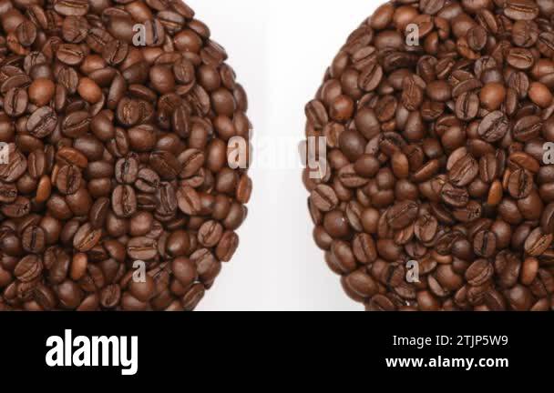 Coffee beans hang in the air on a white background. Side view. Loop ...