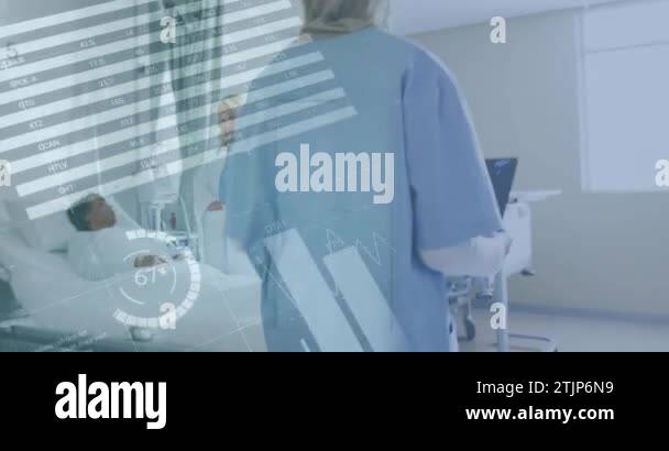 Animation of infographic interface, diverse female doctors discussing ...