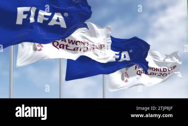 Doha, QA, nov 2022: Flags with FIFA and Qatar 2022 World Cup logo ...