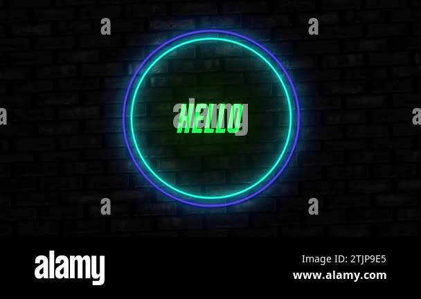 Animation of hello text in neon circle over black background. Video ...